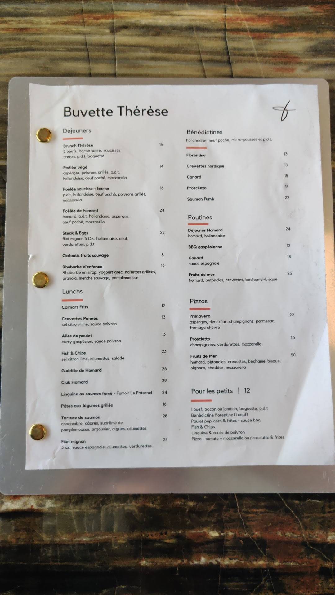 Menu au Buvette Thérèse pub et bar, Percé