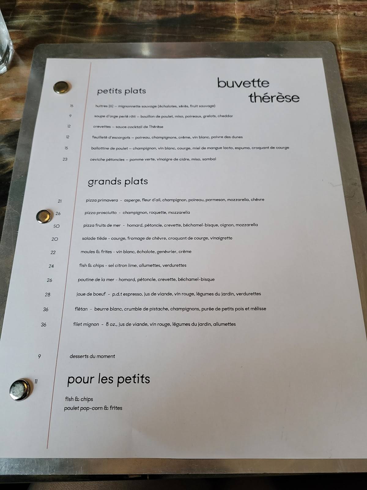 Menu au Buvette Thérèse pub et bar, Percé