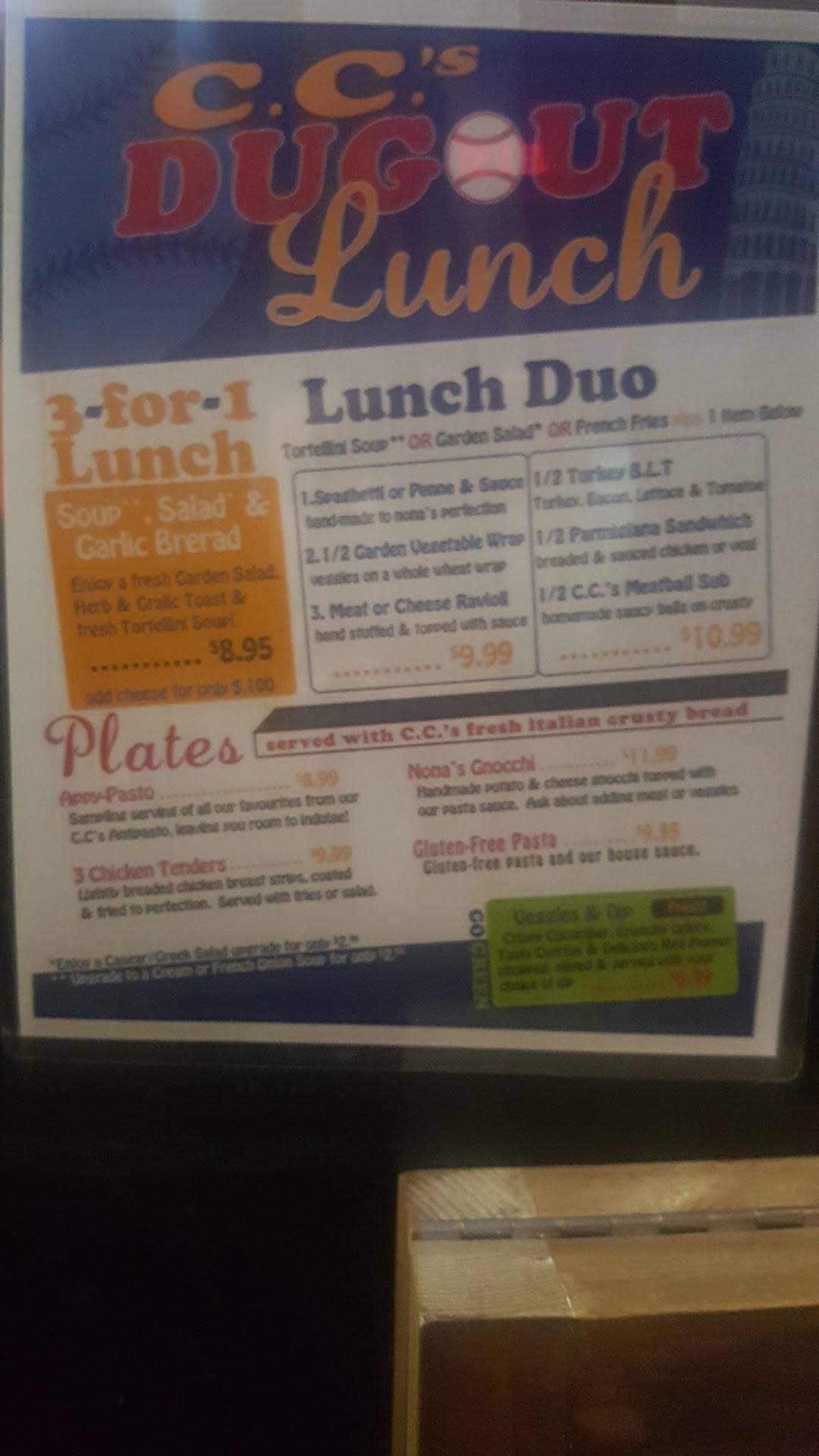 Menu at CC's Dugout Italian Eatery restaurant, Welland