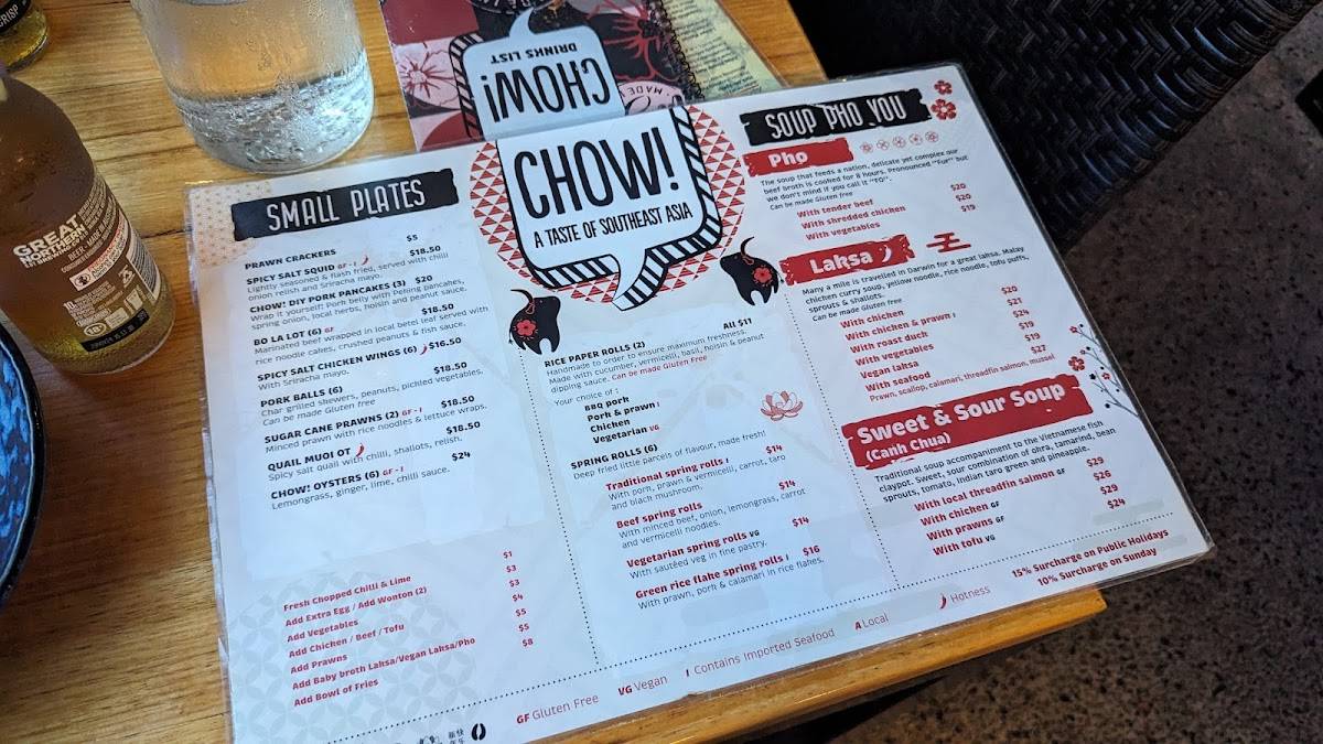 Carta del restaurante CHOW!, Darwin