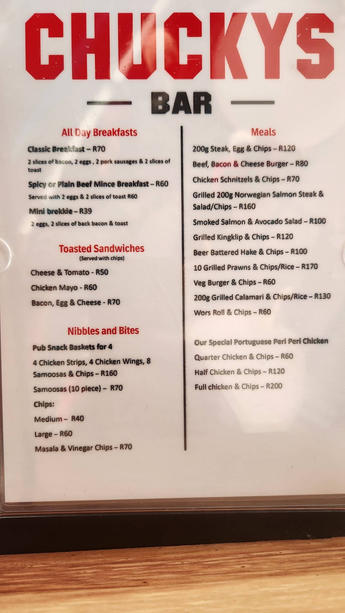 Menu at CHUCKYS BAR, Randburg