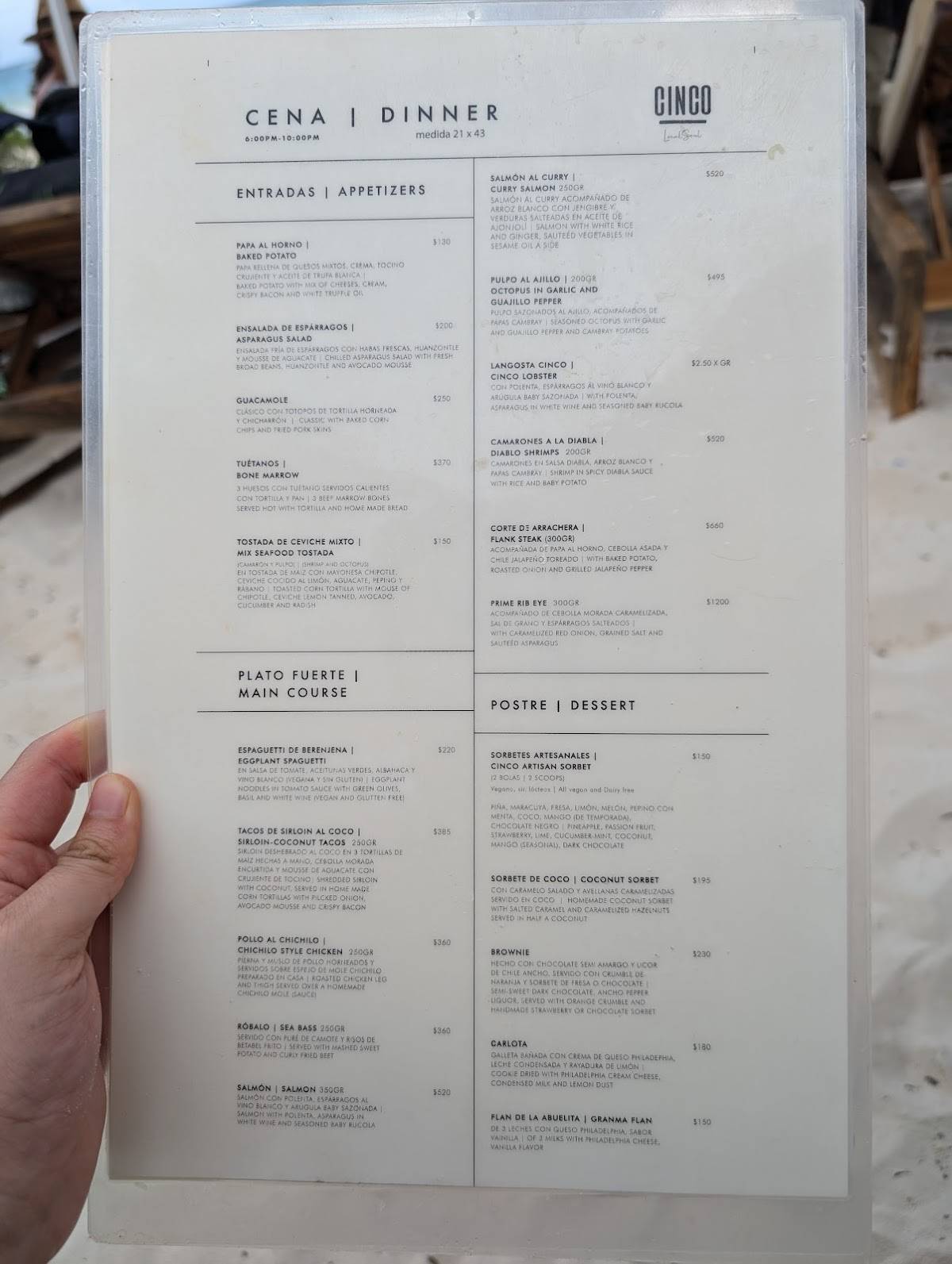 Menu at CINCO TULUM restaurant, Tulum