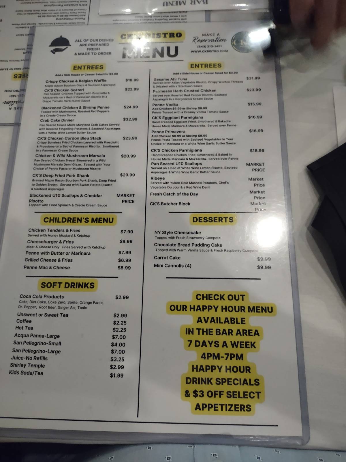 Menu at CK’S Bistro restaurant, Myrtle Beach