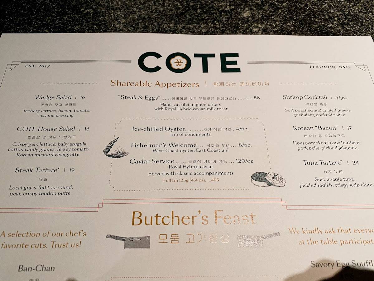 Menu at COTE Korean Steakhouse, New York City, 16 W 22nd St