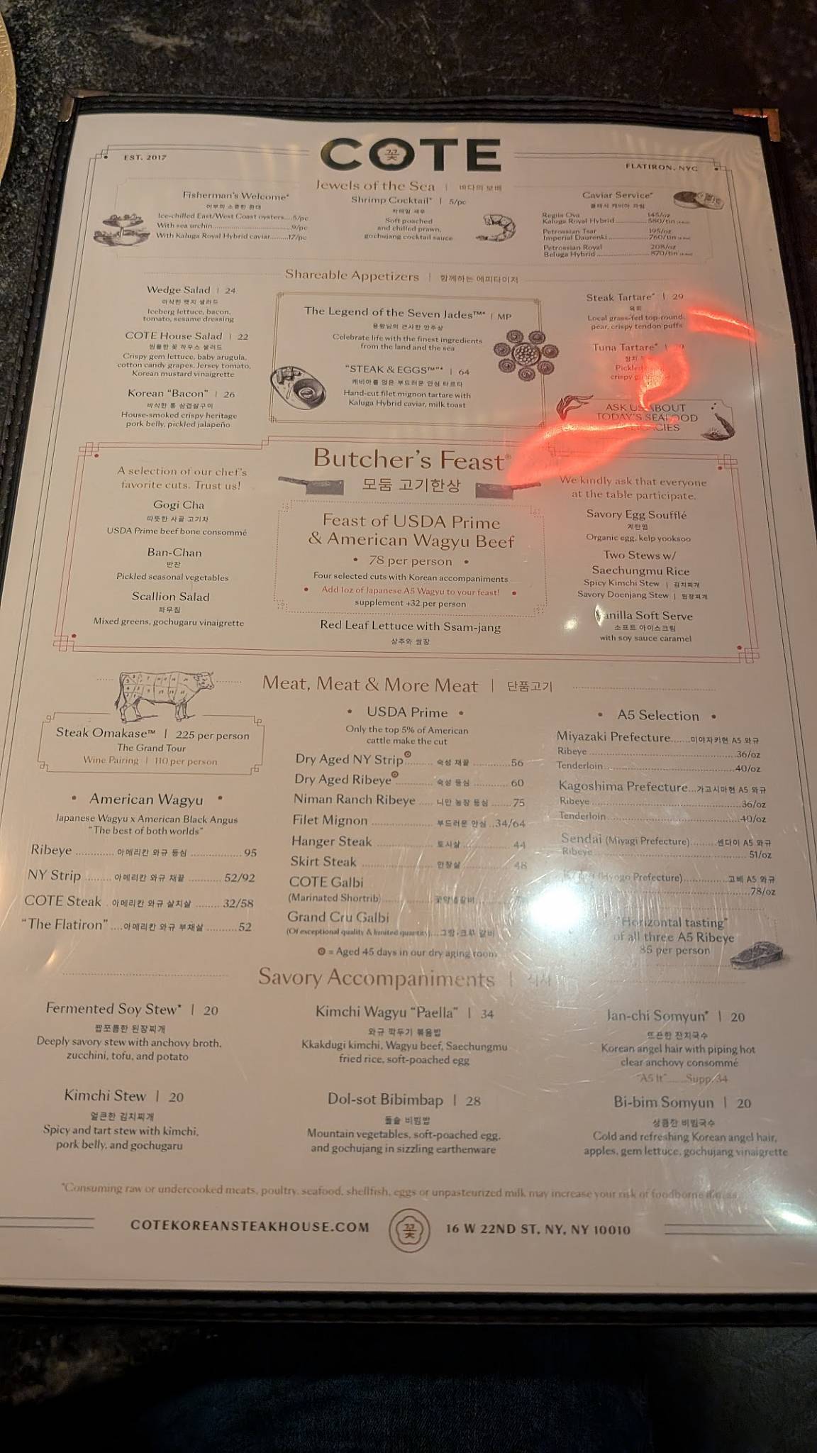 Menu at COTE Korean Steakhouse, New York City, 16 W 22nd St