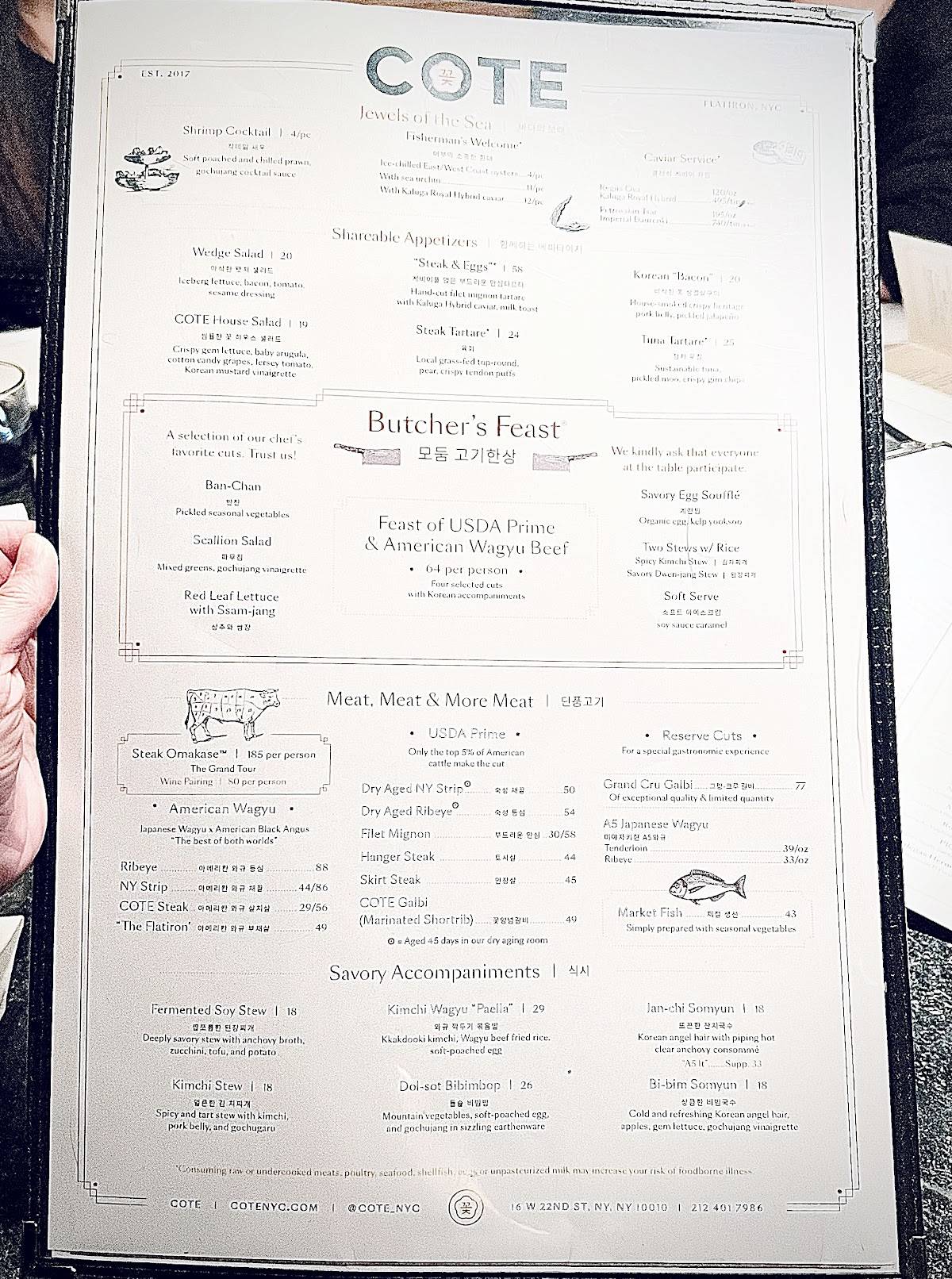 Menu at COTE Korean Steakhouse, New York City, 16 W 22nd St