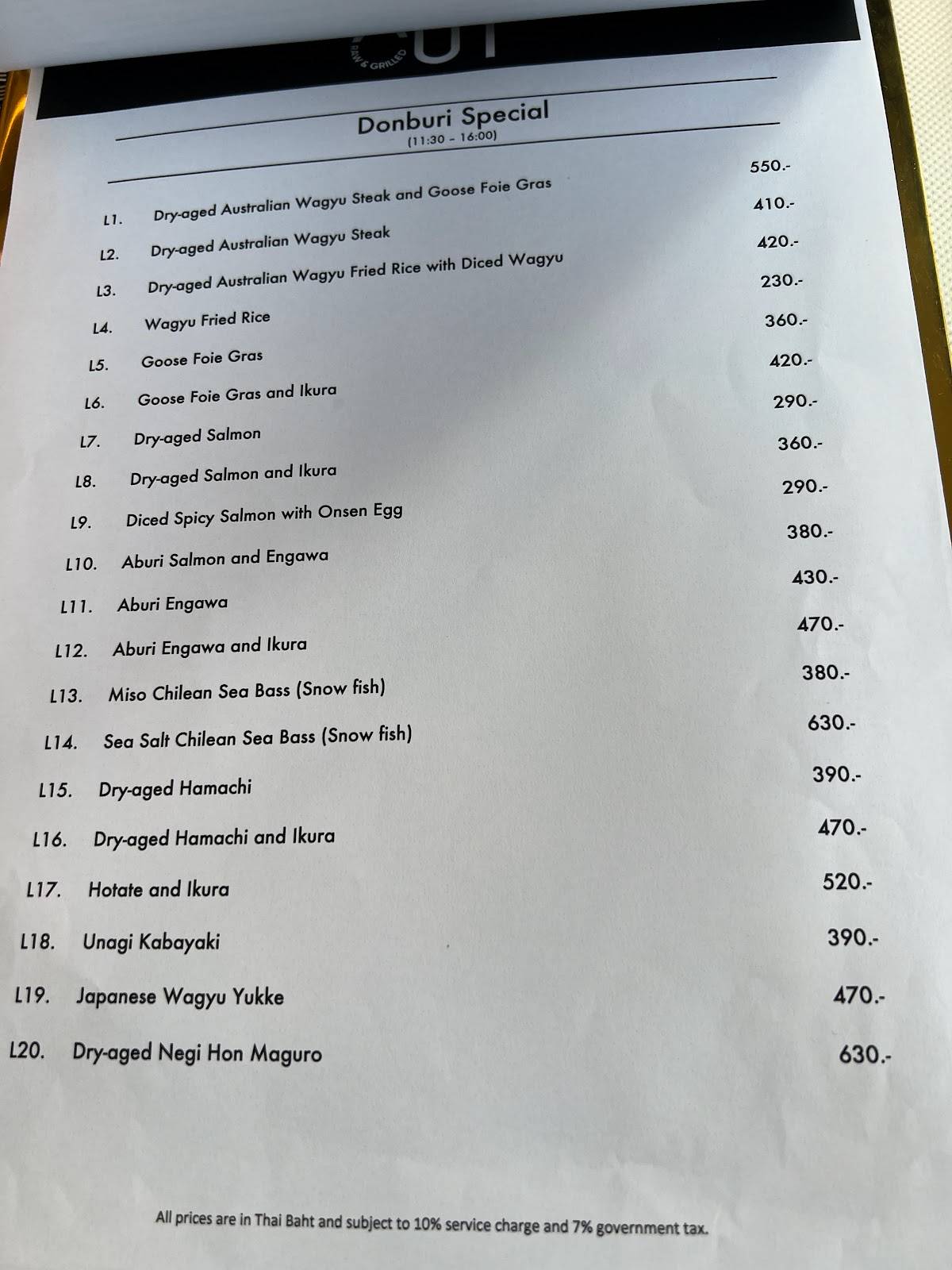 Menu at CUT Raw & Grilled restaurant, Bangkok