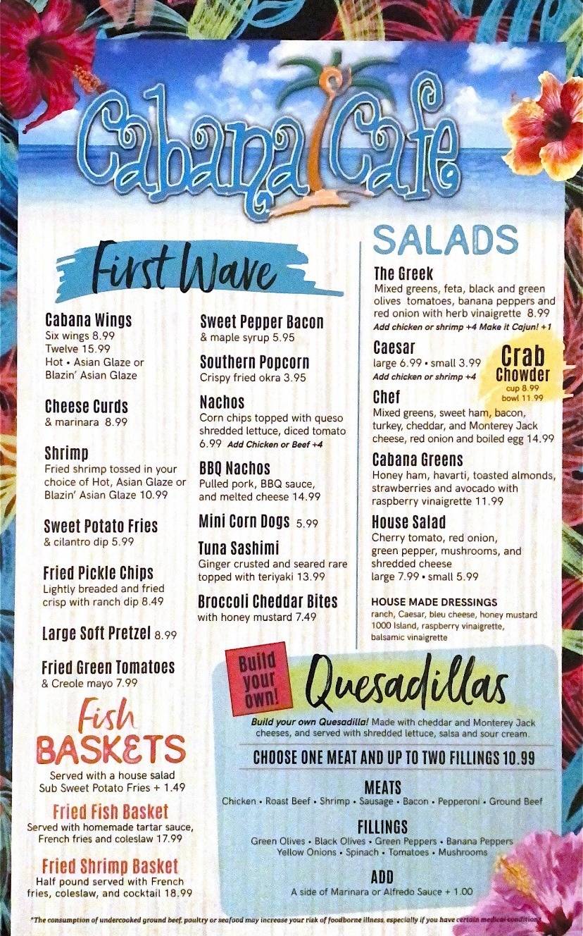 Menu at Cabana Cafe, Miramar Beach, 112 Seascape Dr