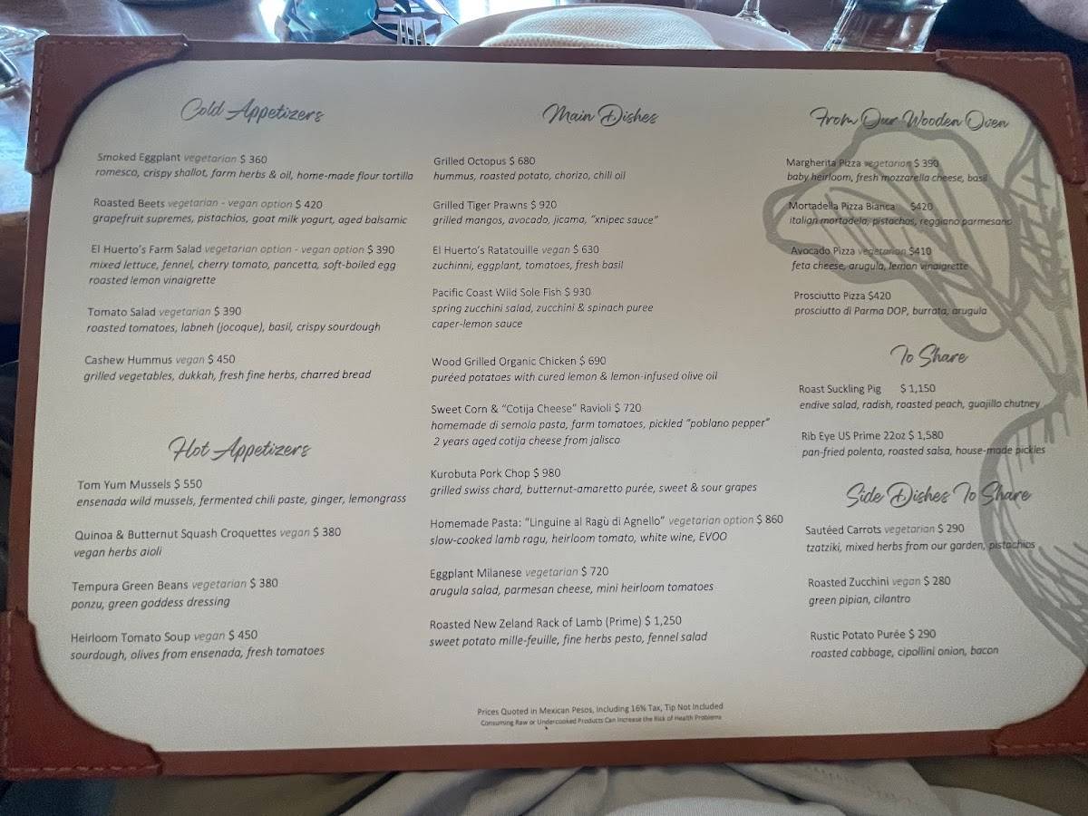 Carta del restaurante El Huerto Farm to Table, Cabo San Lucas
