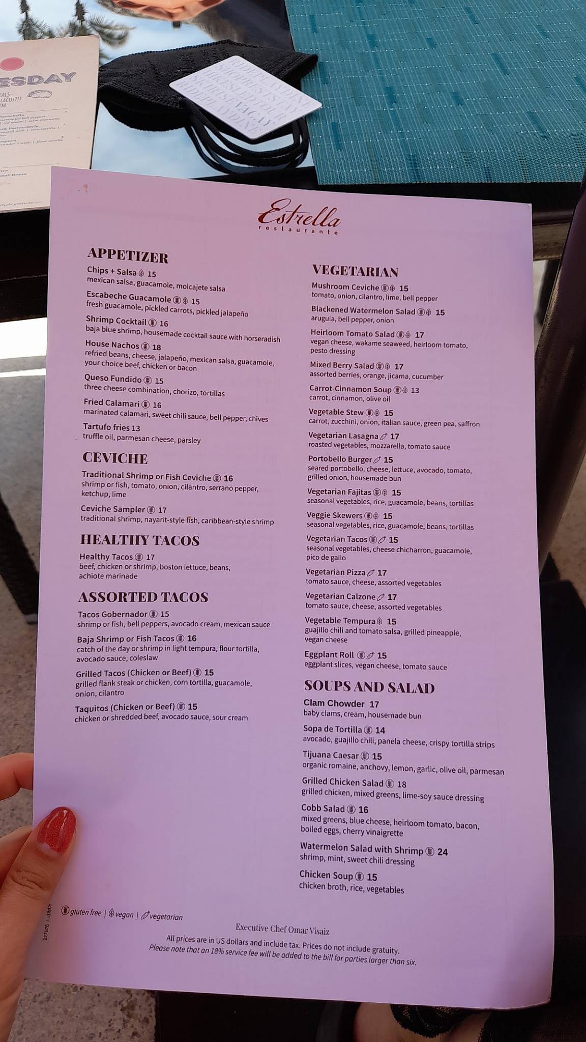 Menu at Estrella restaurant, Cabo Bello