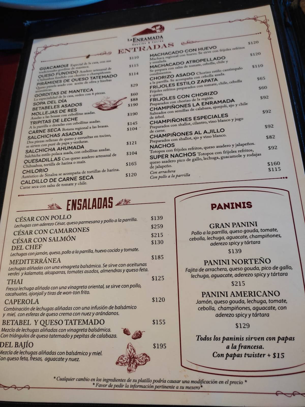 Carta del restaurante La Enramada, Cadereyta Jiménez
