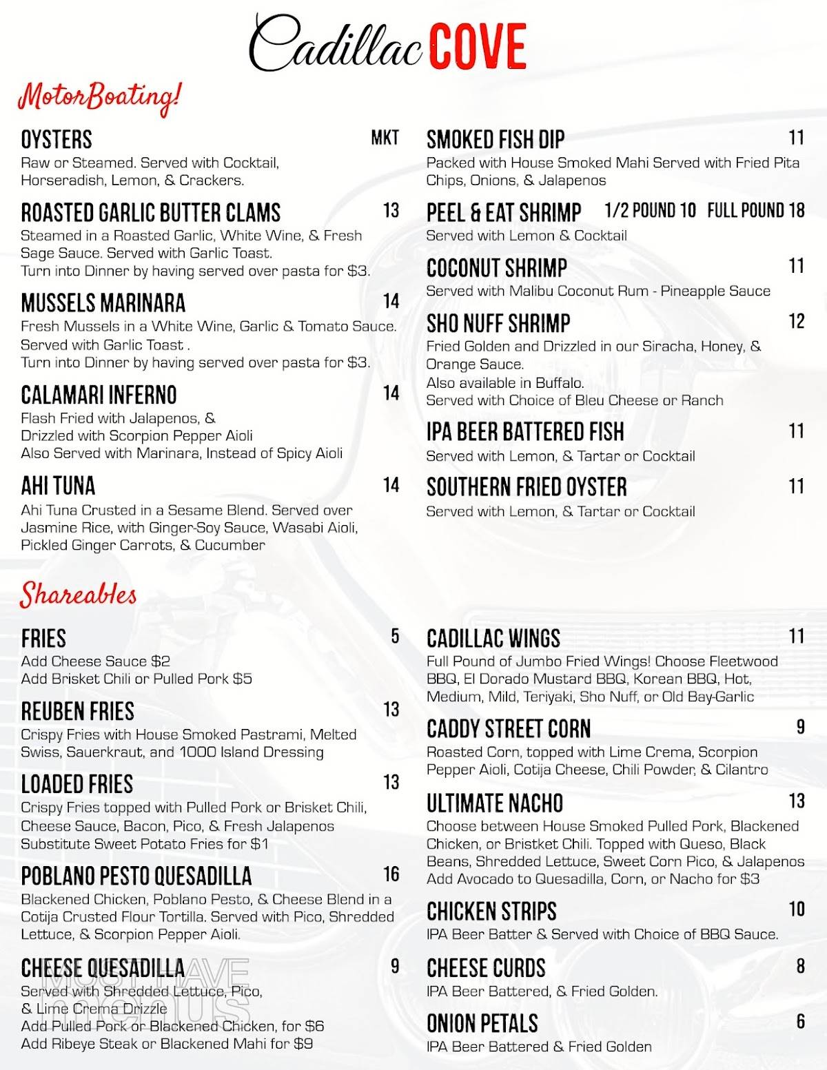 Menu at Cadillac Cove BBQ, Satellite Beach, Florida A1A