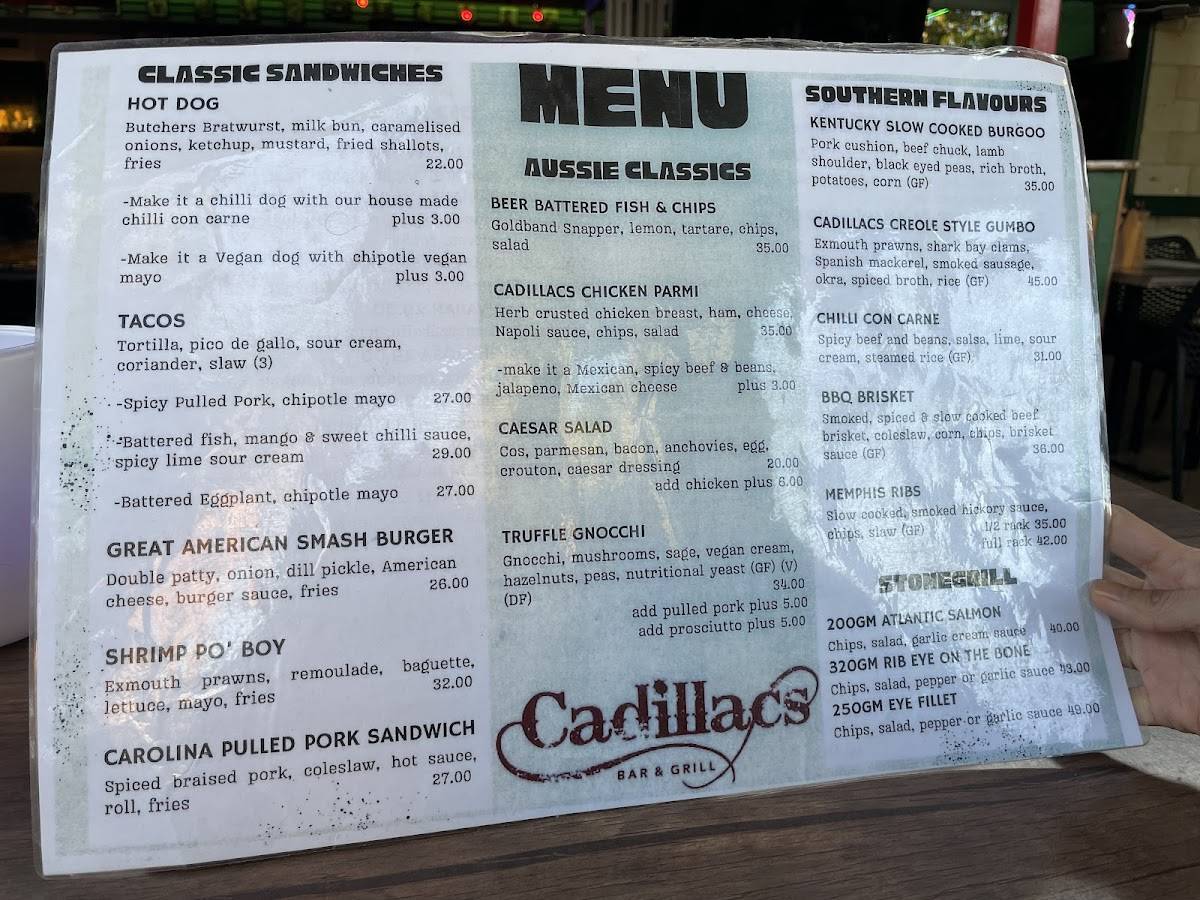 Menu at Cadillacs Bar & Grill, Exmouth