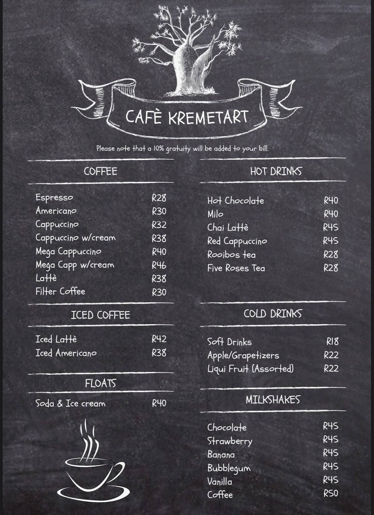 Menu at Cafè Kremetart, Roodeplaat, Cnr