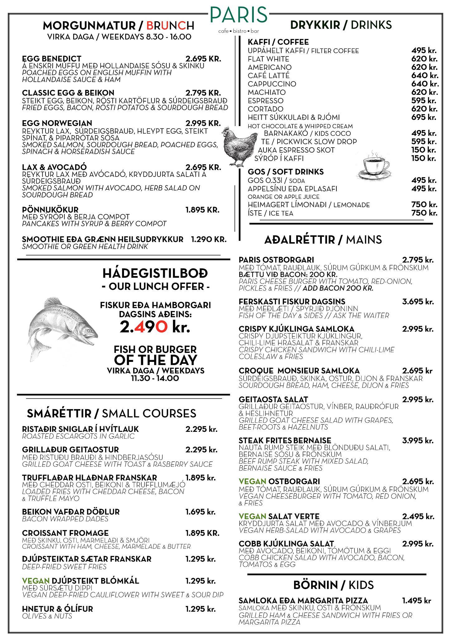 Menu at Café París restaurant, Reykjavík