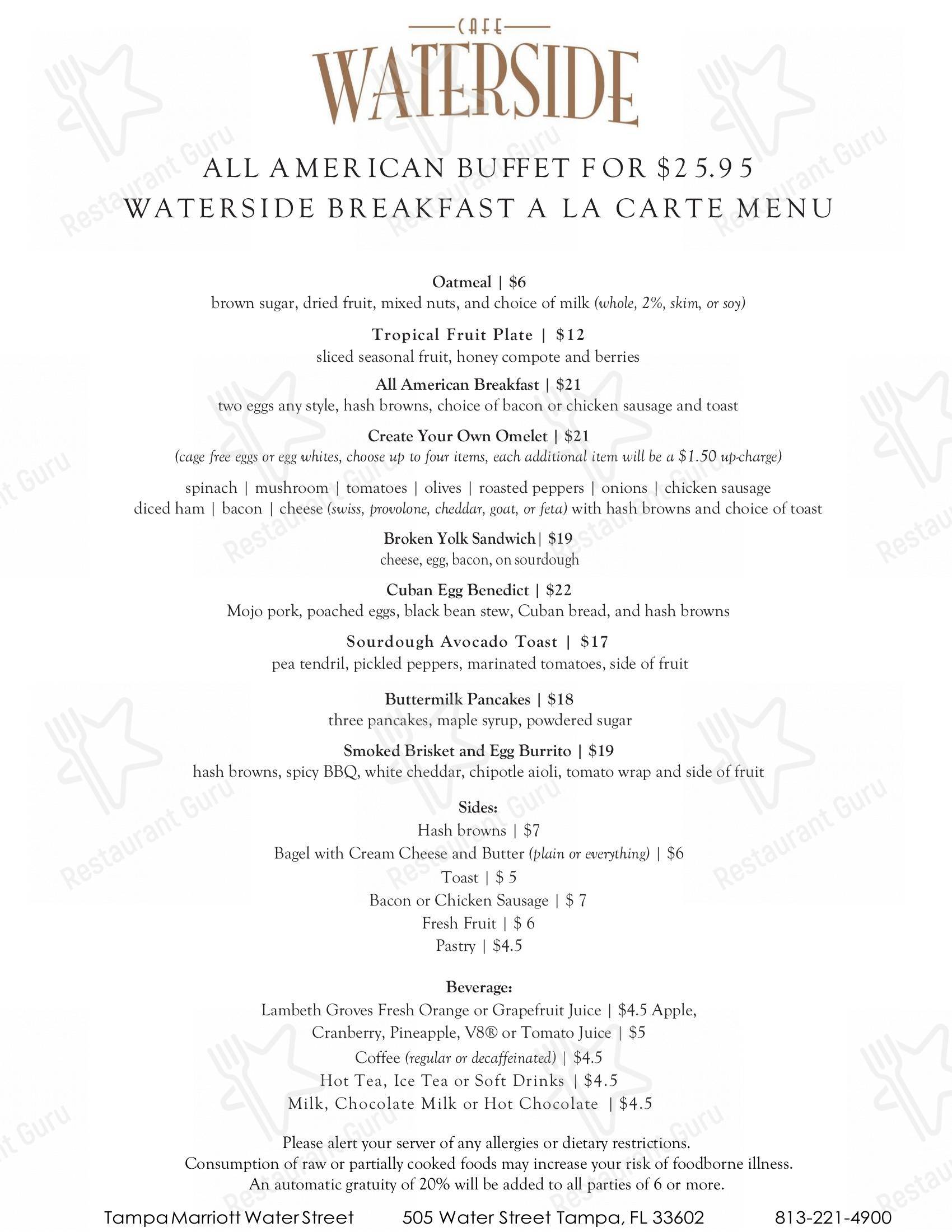 Menu at Café Waterside restaurant, Tampa, 505 Water St