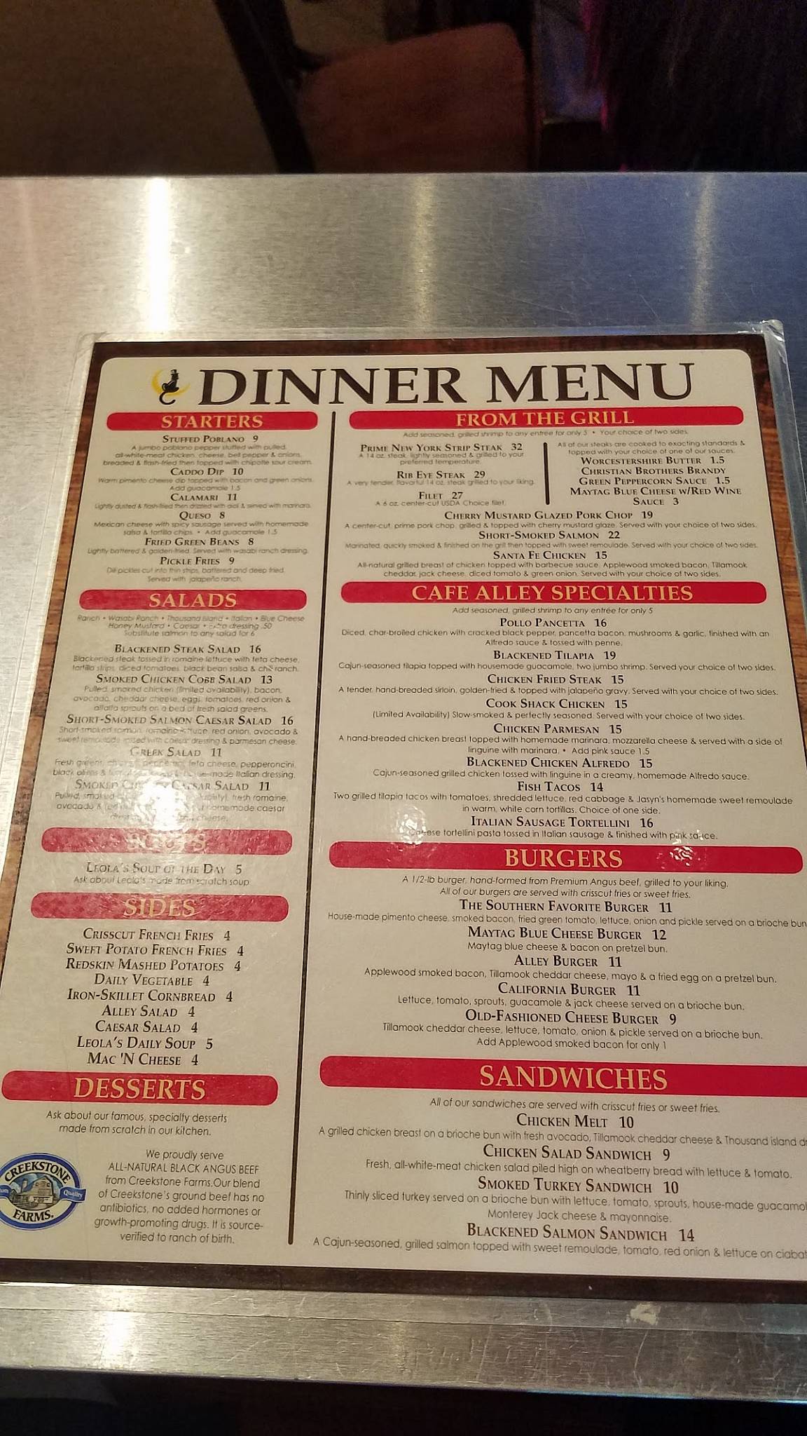 Menu at Cafe Alley, Ardmore, 126 A St NE