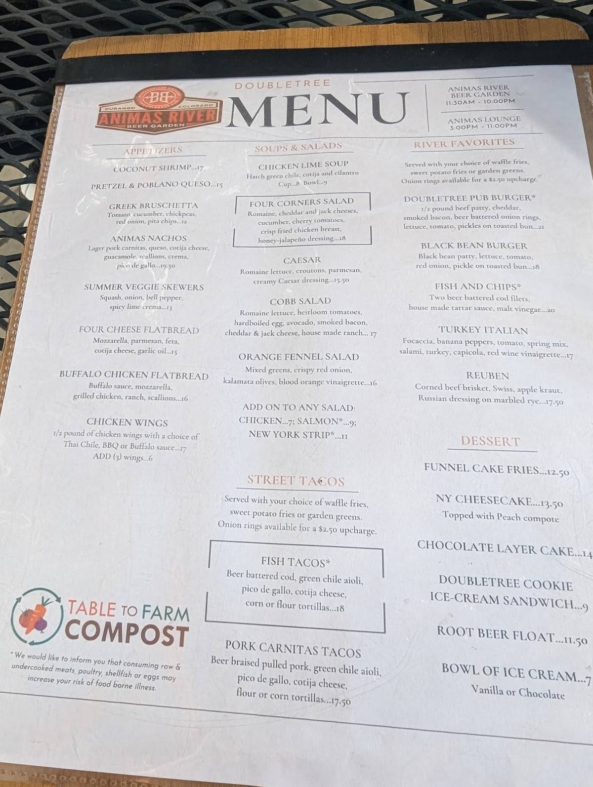 Menu at Animas River Beer Garden cafe, Durango