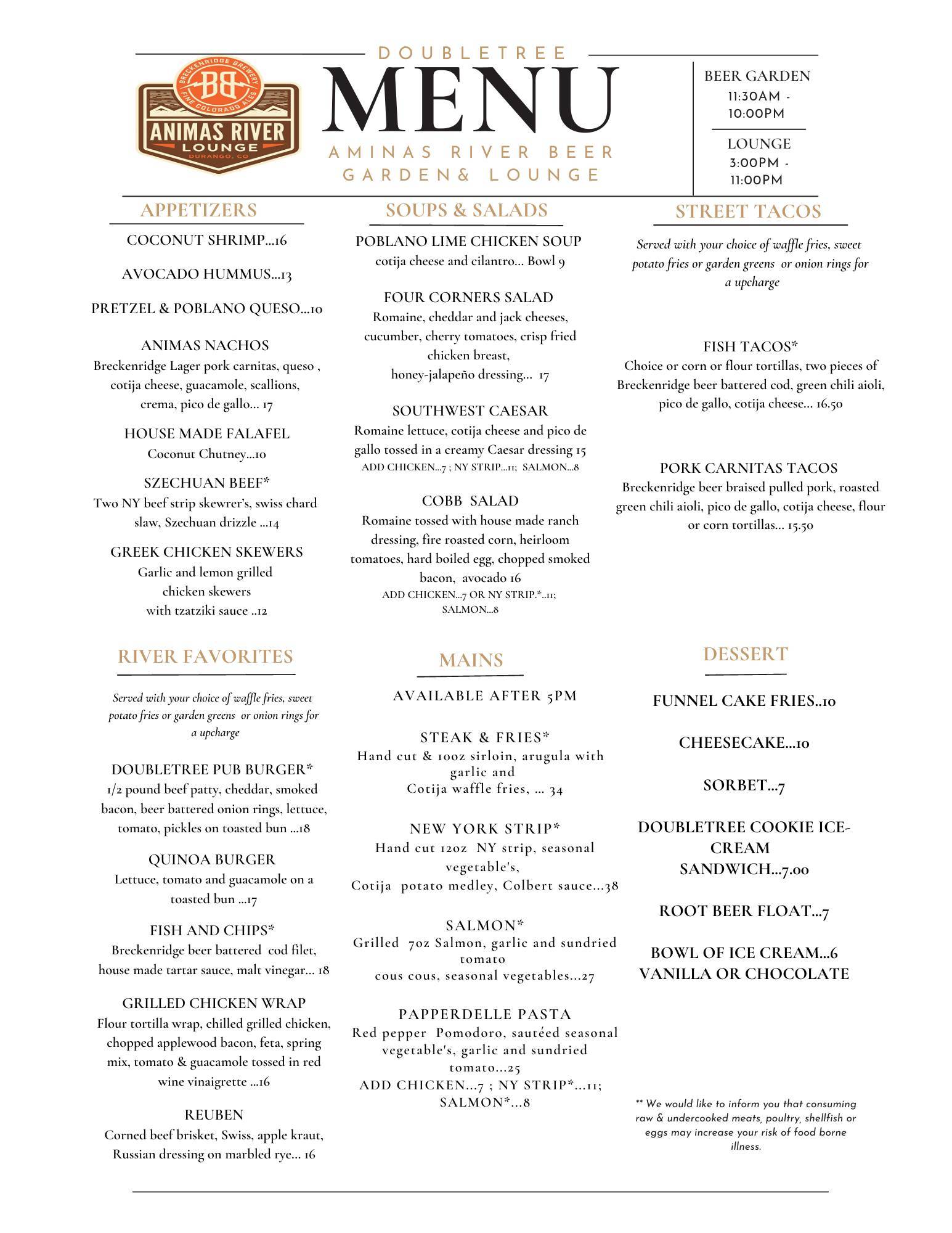 Menu at Animas River Beer Garden cafe, Durango