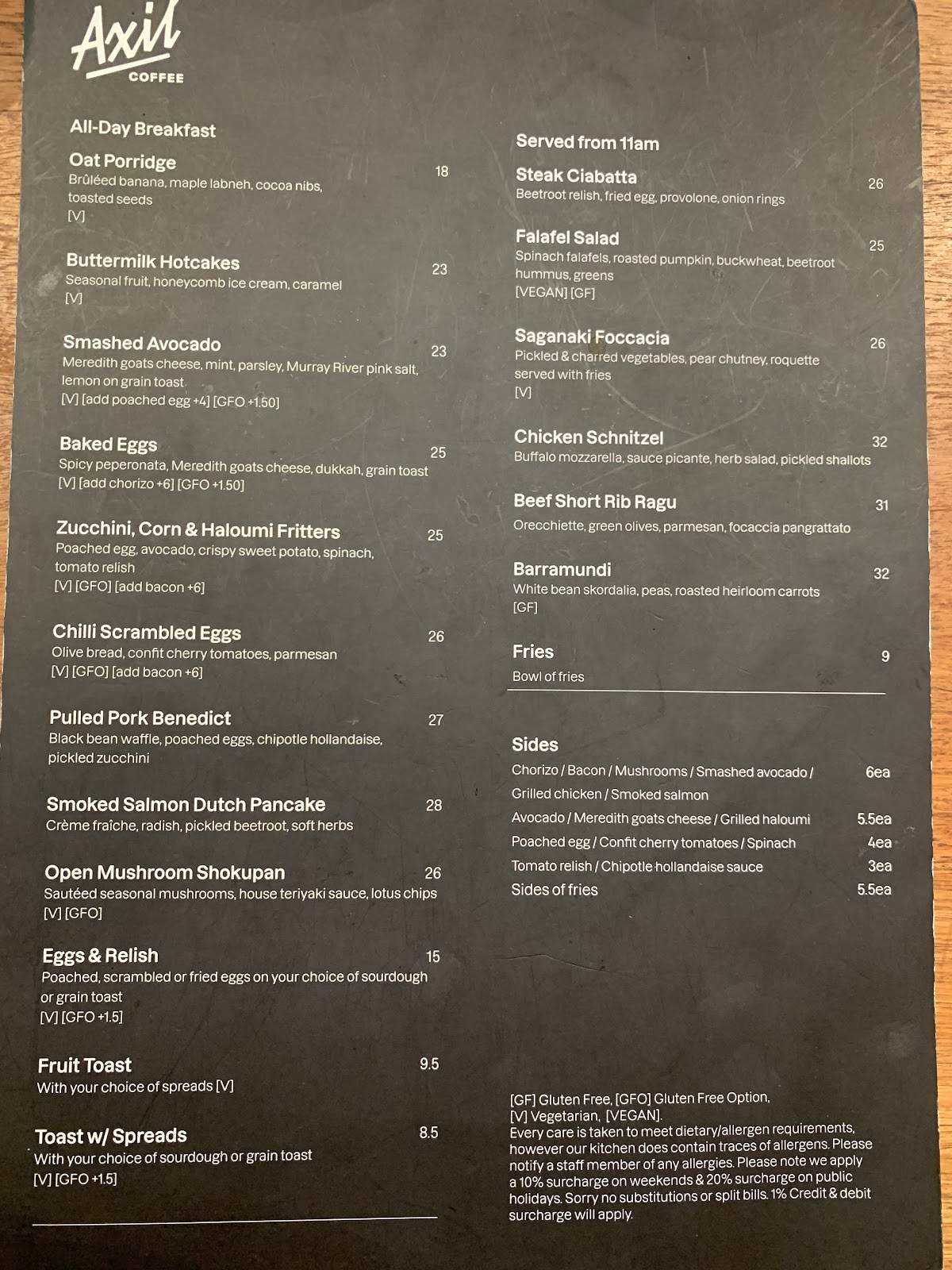Menu at Axil Coffee Roasters Hawthorn cafe, Hawthorn, 322 Burwood Rd
