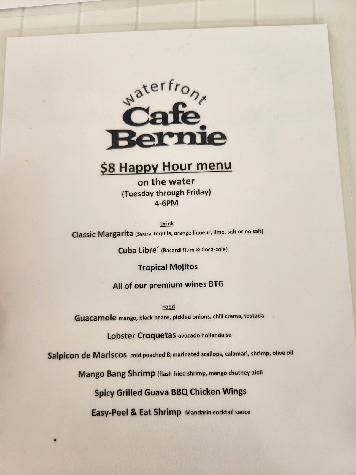 Carta de Cafe Bernie, Miami Beach, Collins Ave