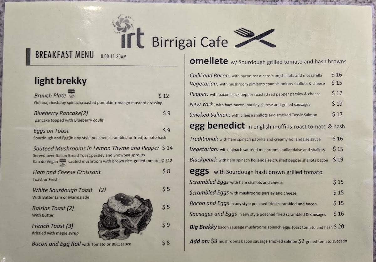 Menu at Cafe Birrigai, Belconnen