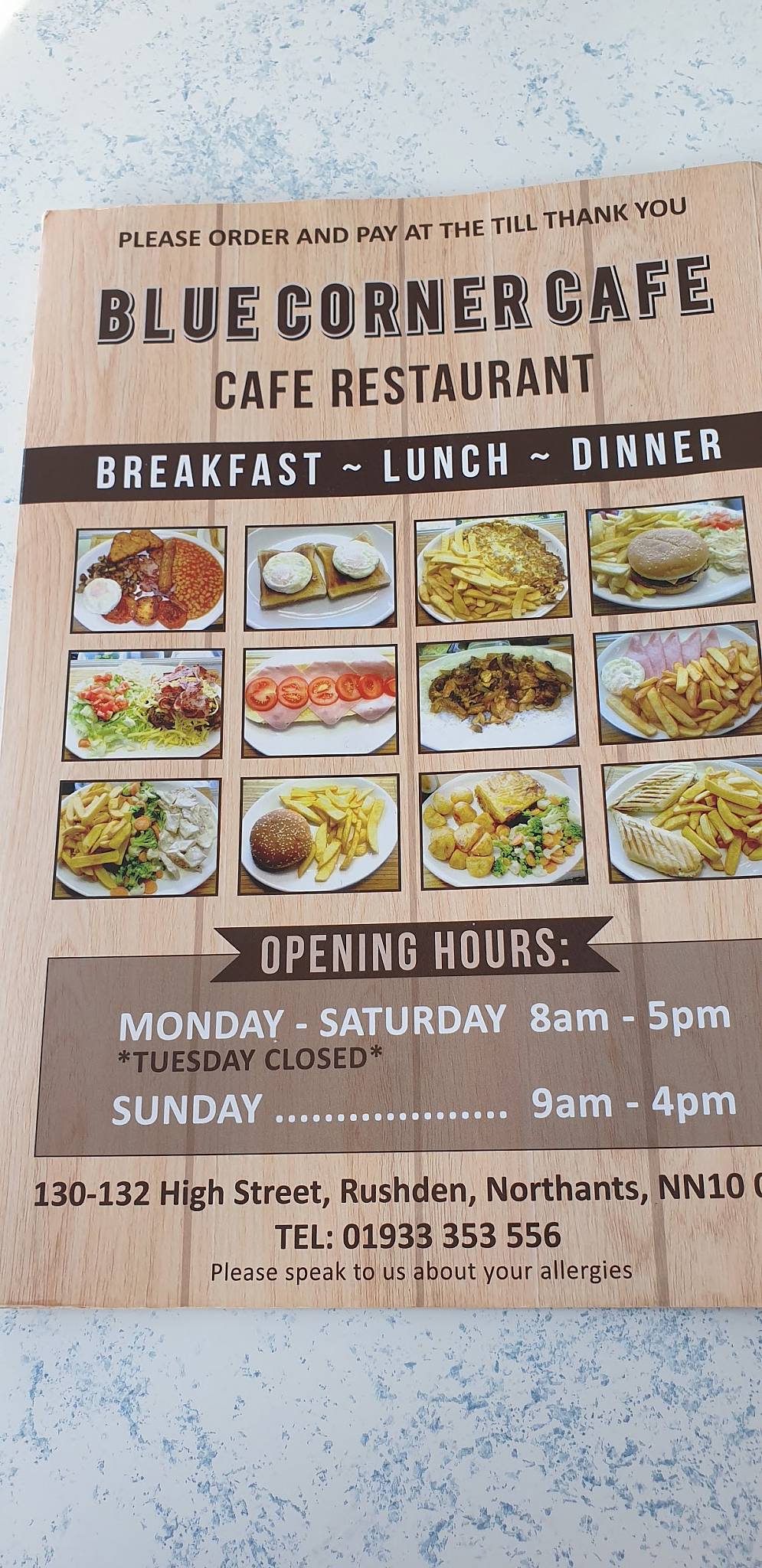 Menu at Blue Corner Cafe, Rushden