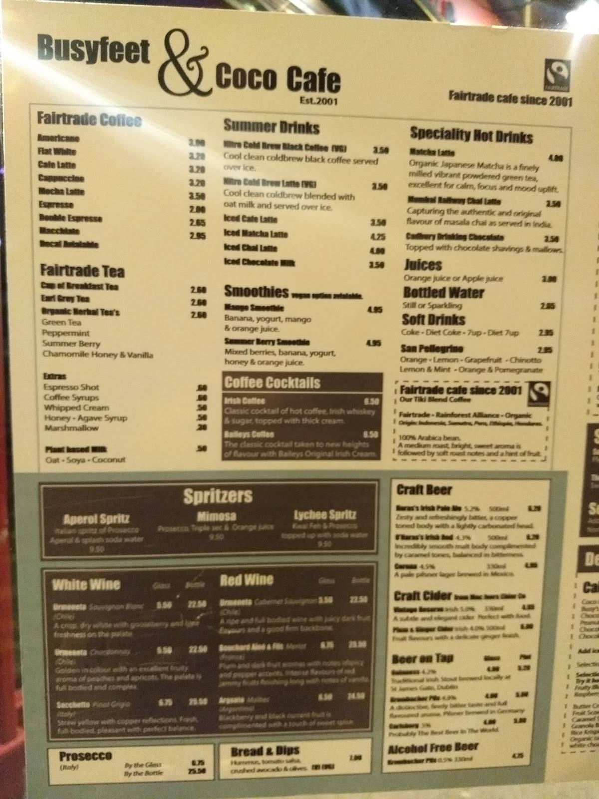Menu at Busyfeet & Coco Cafe, Dublin, 41 William St S