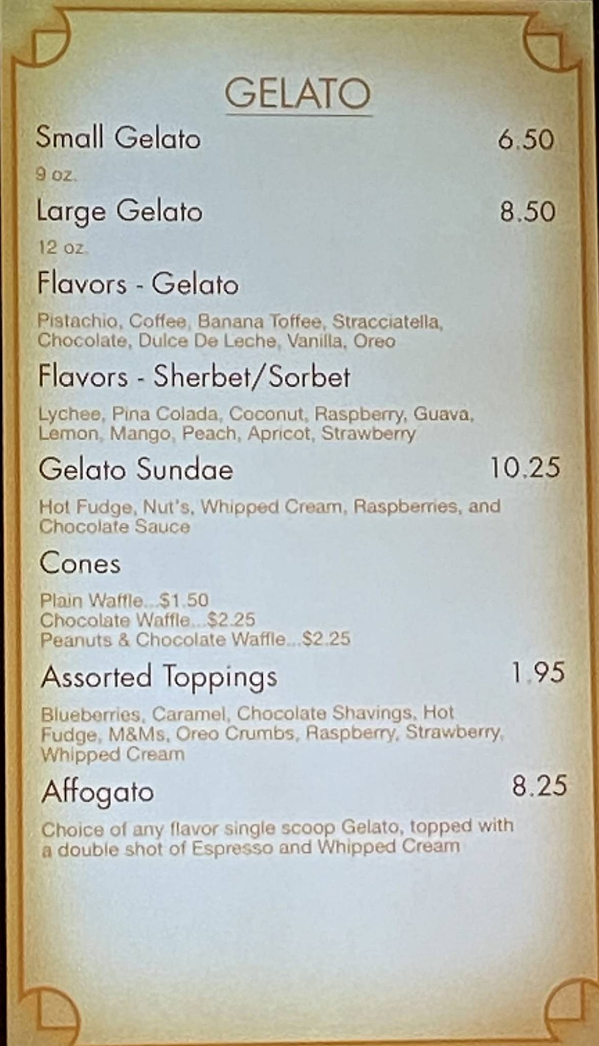 Menu at Cafe Gelato, Las Vegas, 3600 S Las Vegas Blvd