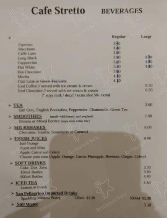 Menu at Café Stretto cafe, Sydney, St James Centre