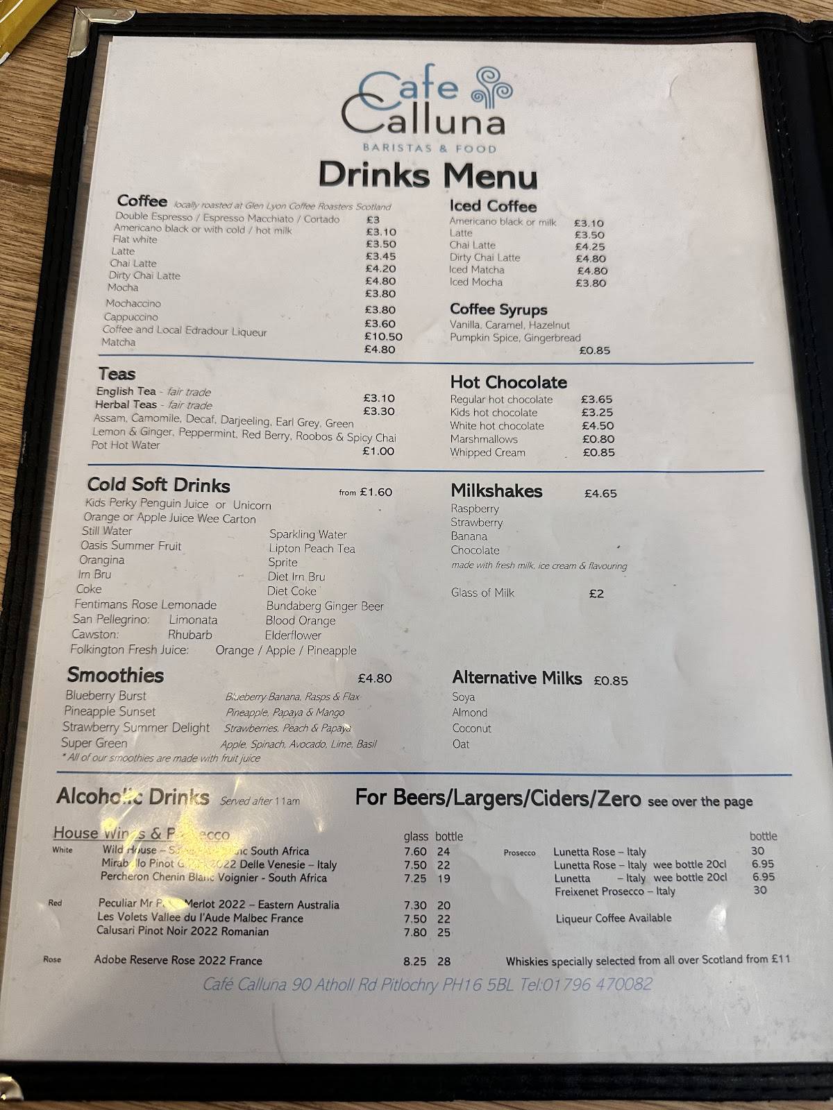 Menu at Cafe Calluna, Pitlochry
