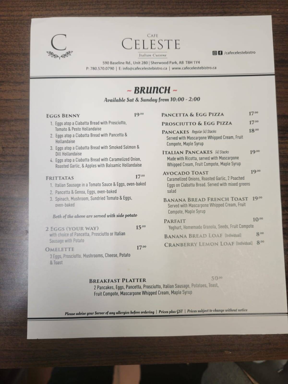 Menu at Cafe Celeste, Sherwood Park, 590 Baseline Rd