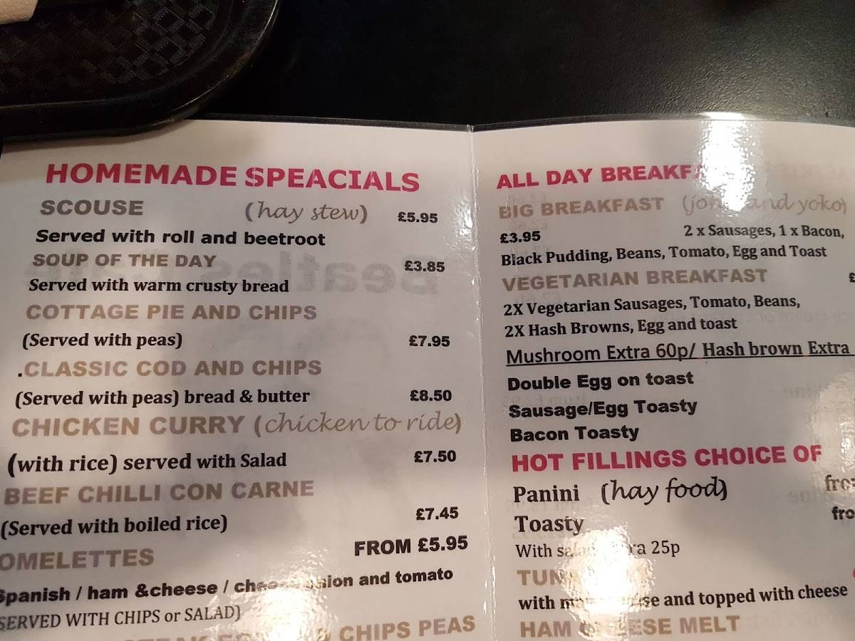 Menu at Chantilly Beatles Cafe, Liverpool
