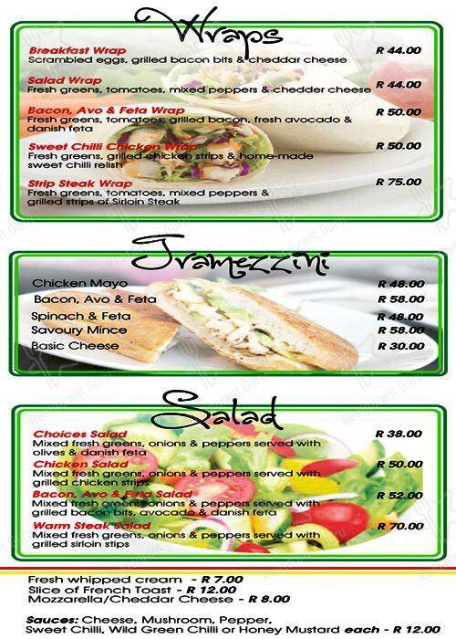 Menu at Choices Coffee Shop and Confectionary cafe, Johannesburg
