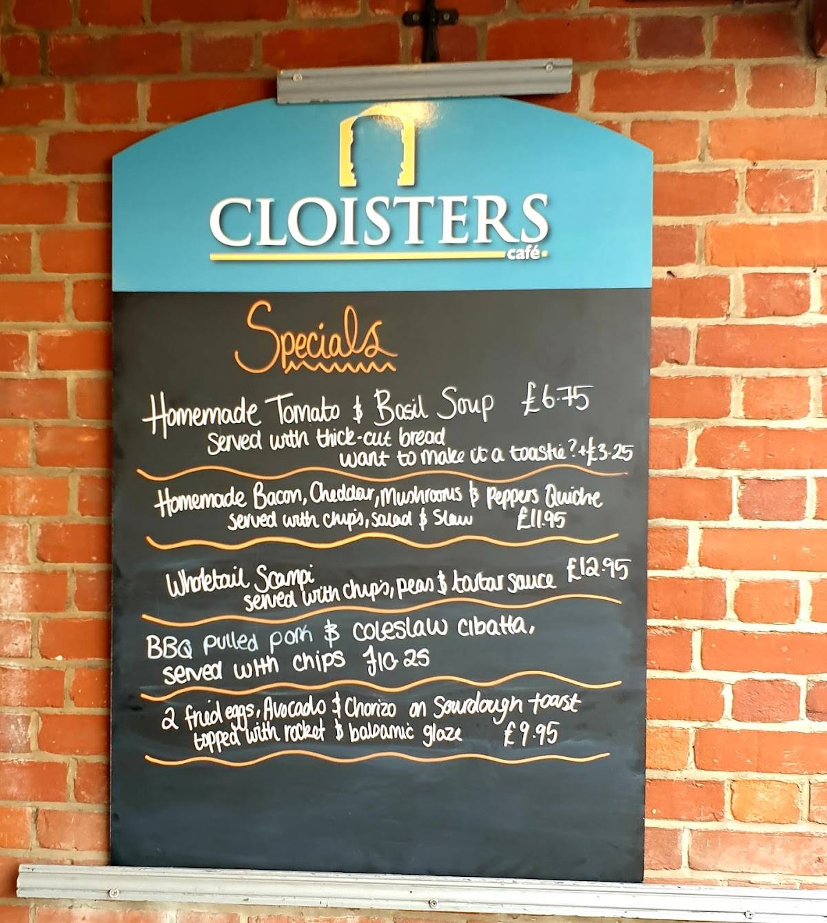 Menu at Cloisters cafe, Wimborne Minster