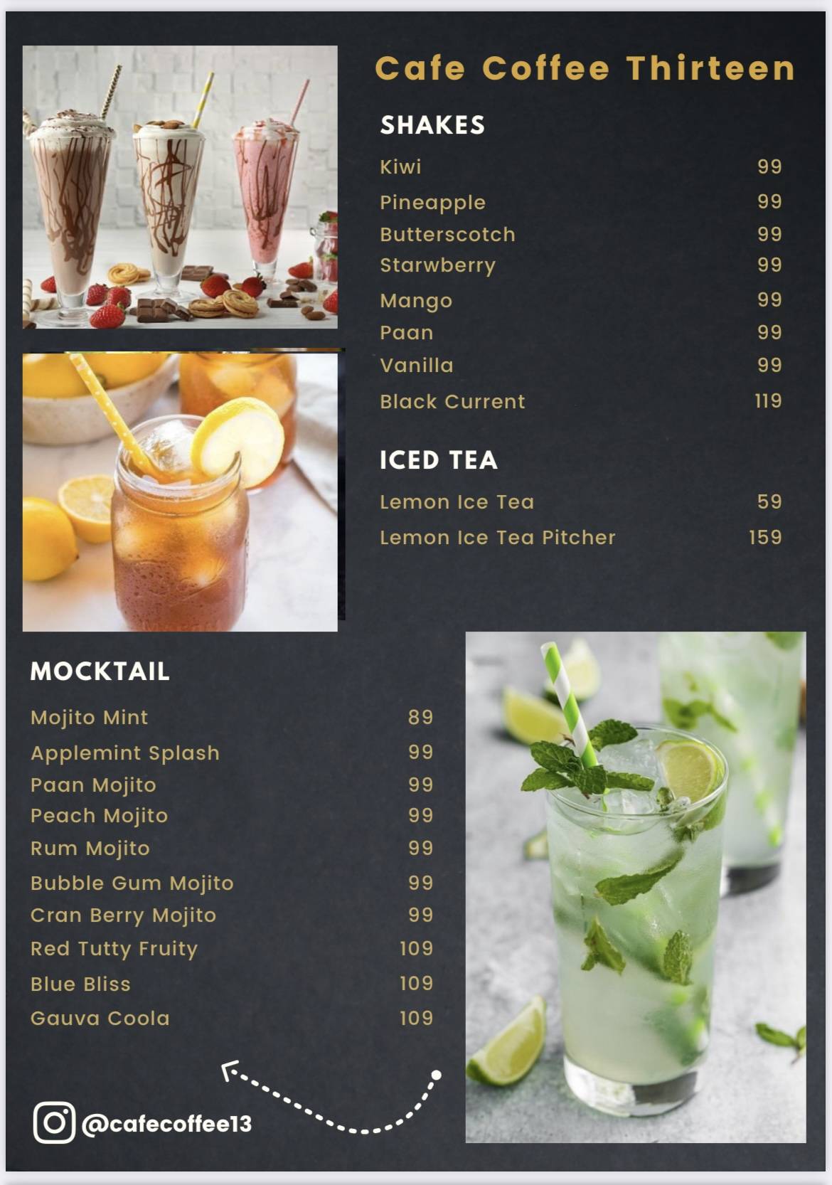 Menu at Cafe Coffee thirteen, Sri Ganganagar