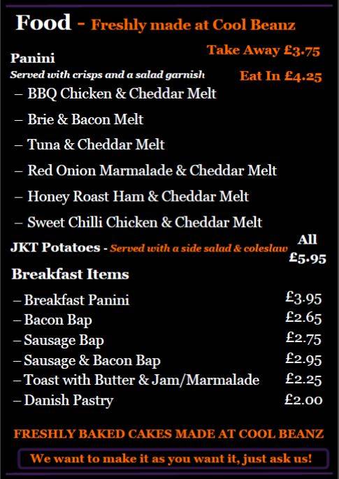 Menu at Cool Beanz Coffee House, Ipswich