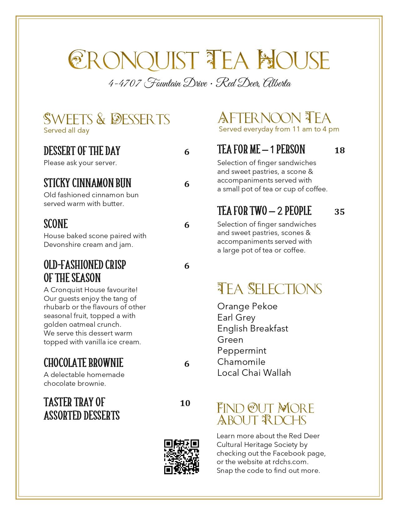 Menu at Cronquist House cafe, Red Deer