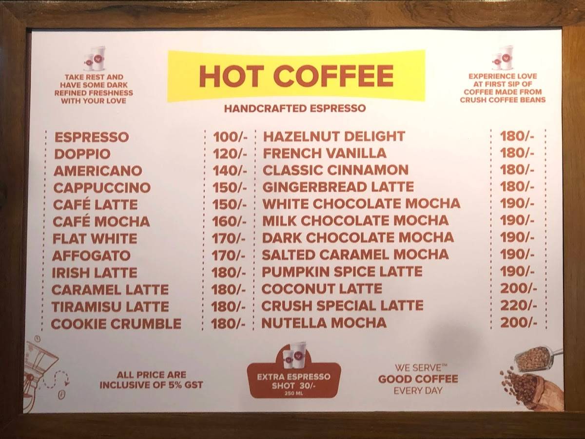Menu at Crush Coffee - SG Highway, Ahmedabad, Ground Floor Wide Angle ...