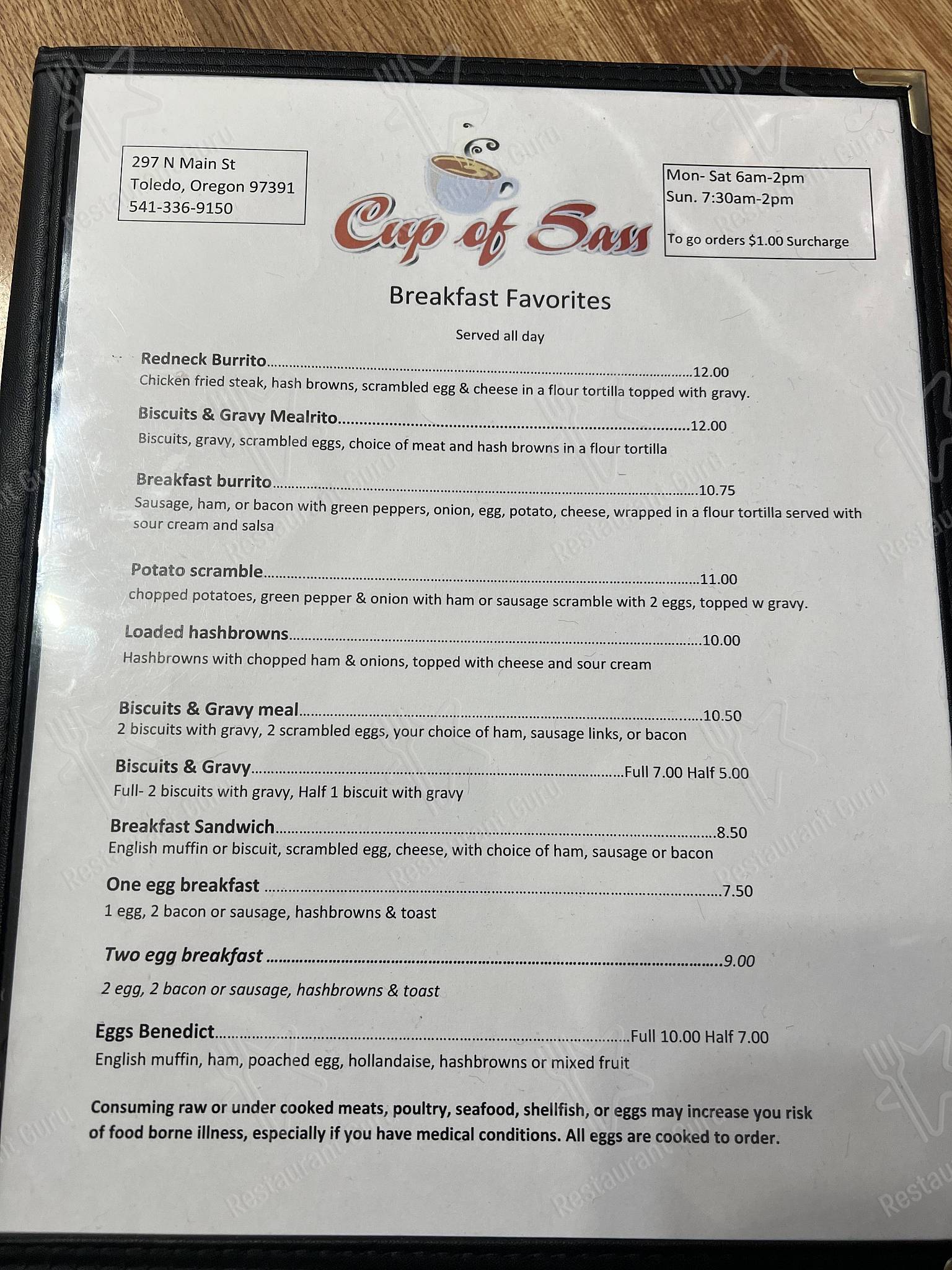 Menu at Cup of Sass Cafe, Toledo