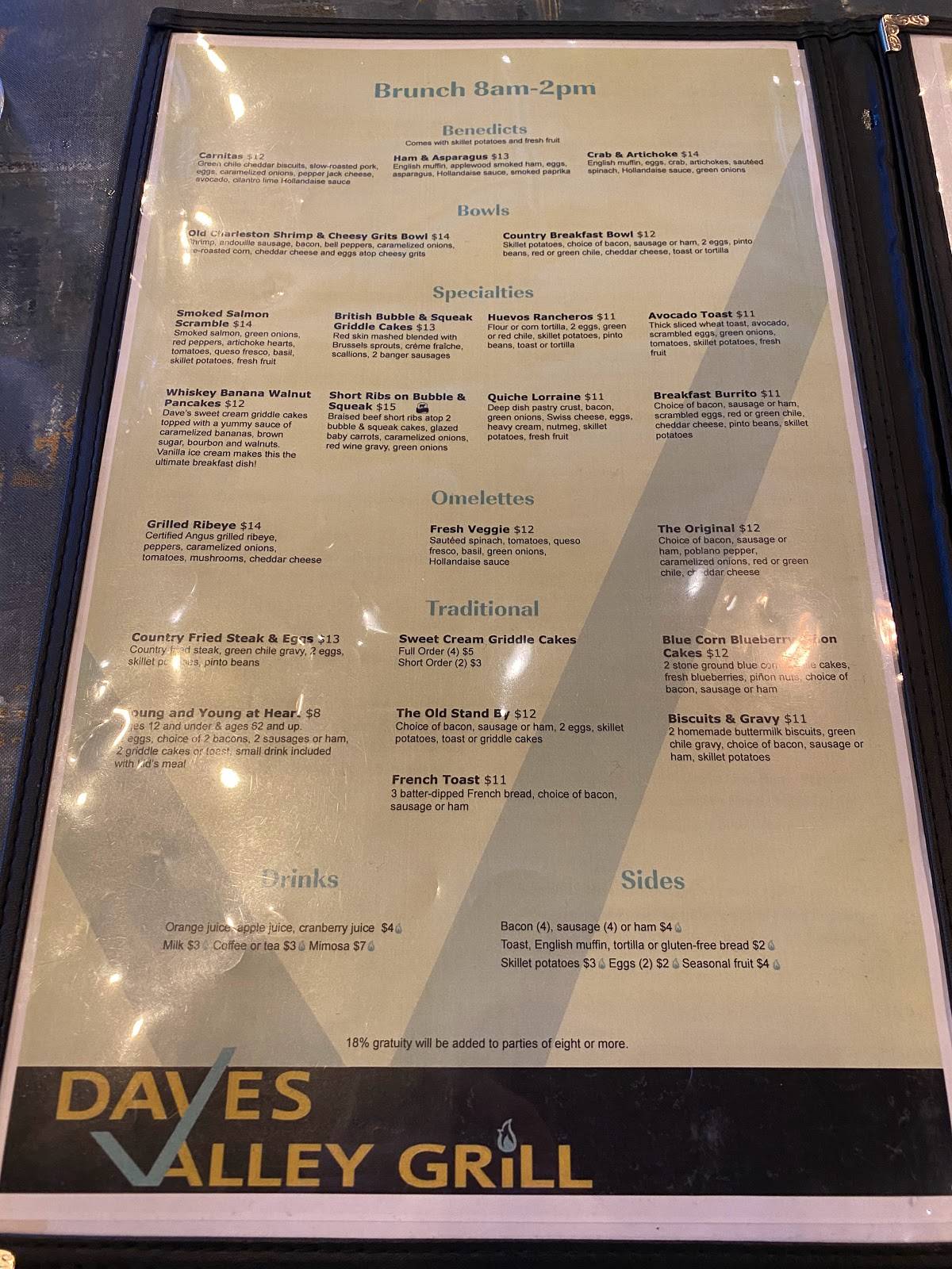 Menu at Dave's Valley Grill cafe, Los Ranchos de Albuquerque