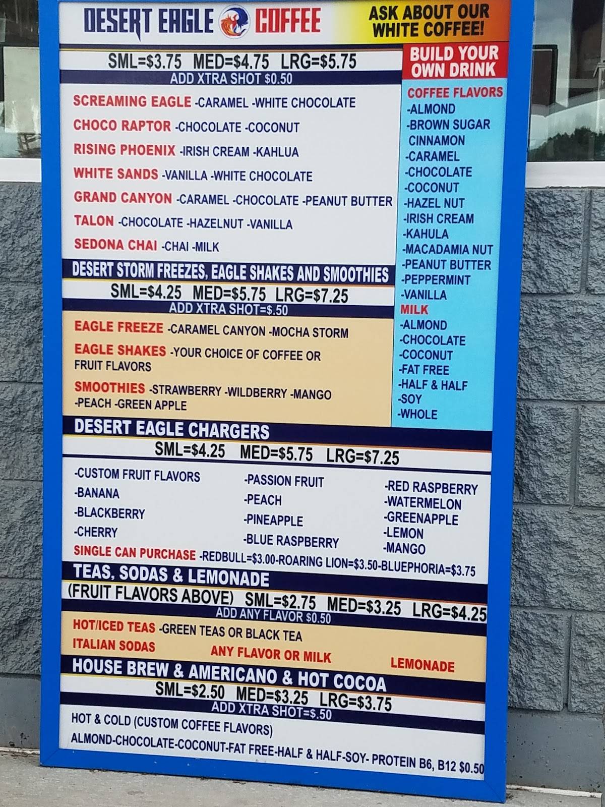 Carta del café Desert Eagle Coffee, Glendale
