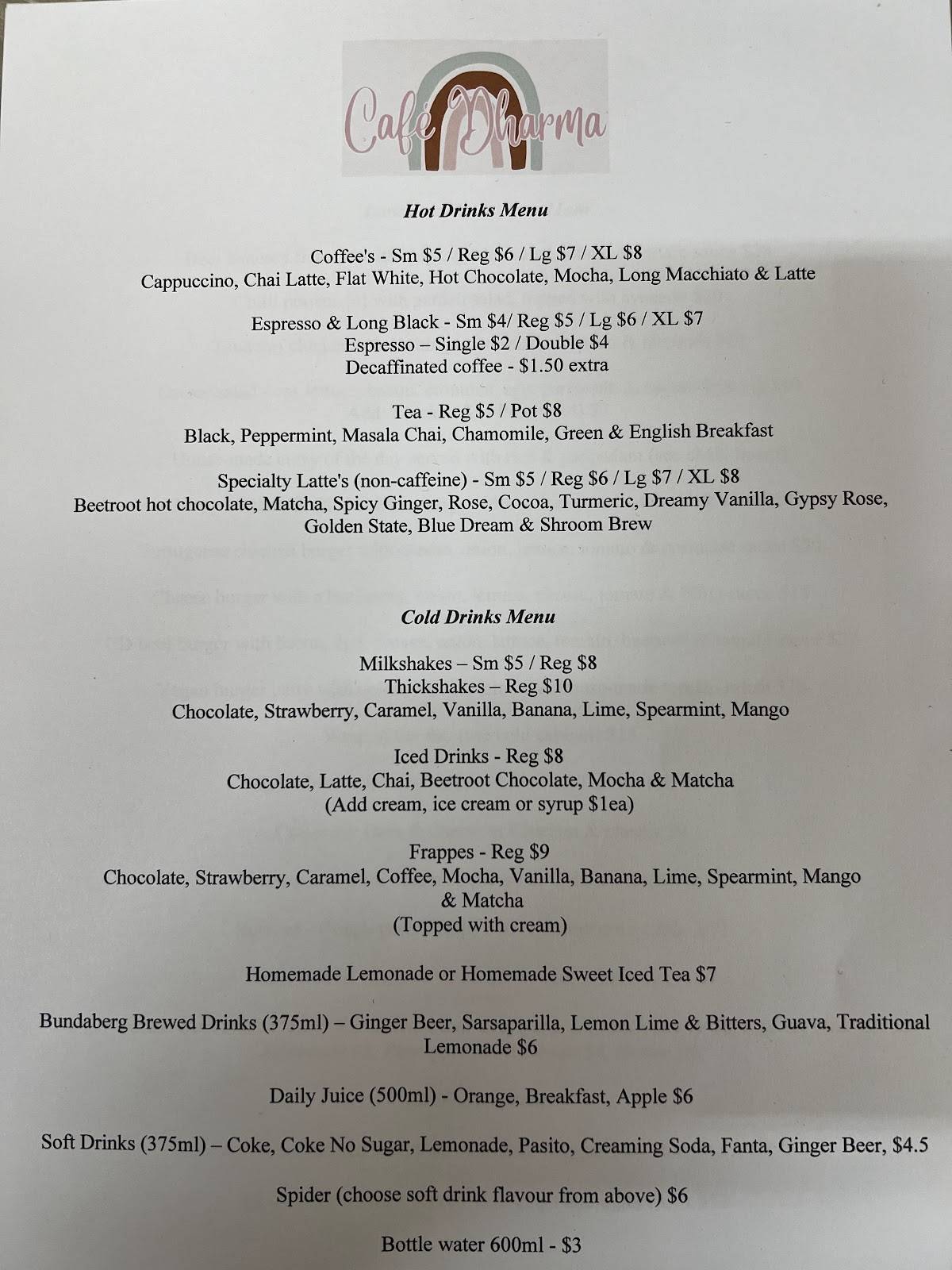 Menu at Cafe Dharma, Boulder