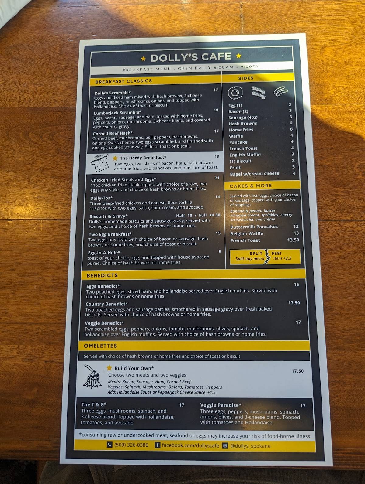 Menu at Dolly's Cafe, Spokane