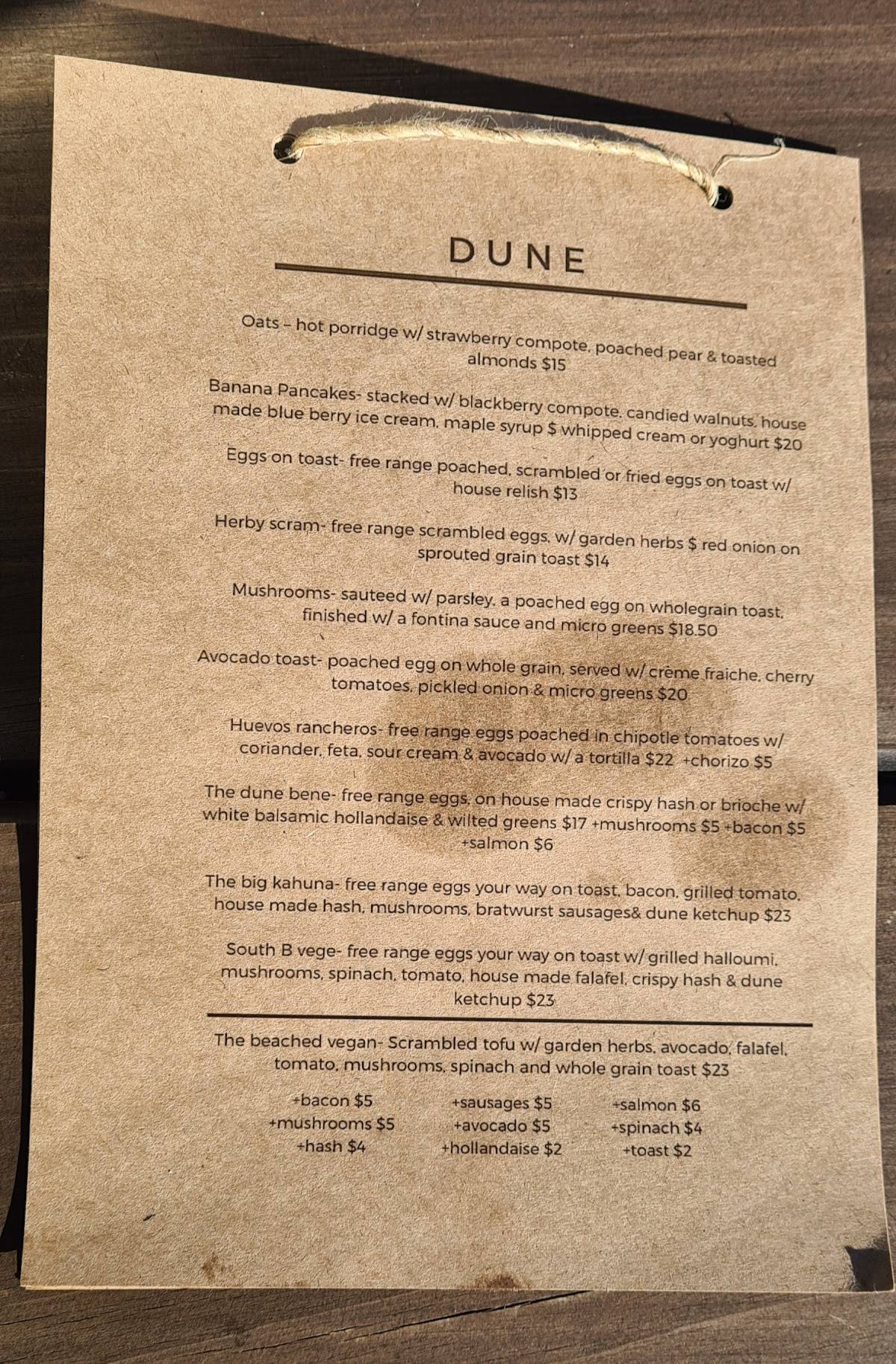 Menu at Dune Cafe, Christchurch