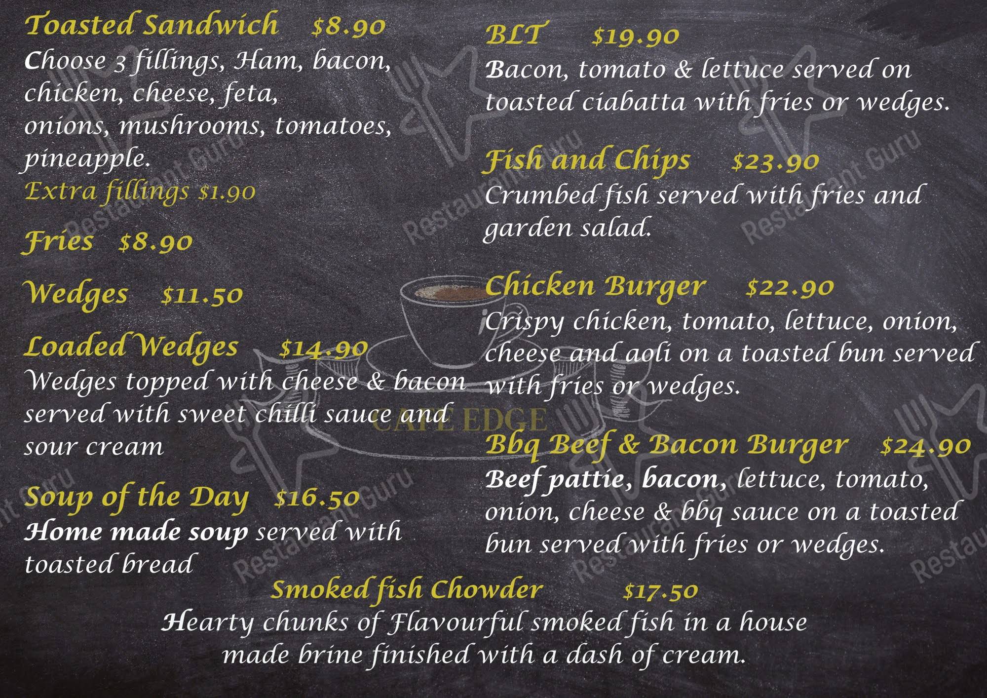 Menu at Cafe Edge & Artisan Bakery, Christchurch