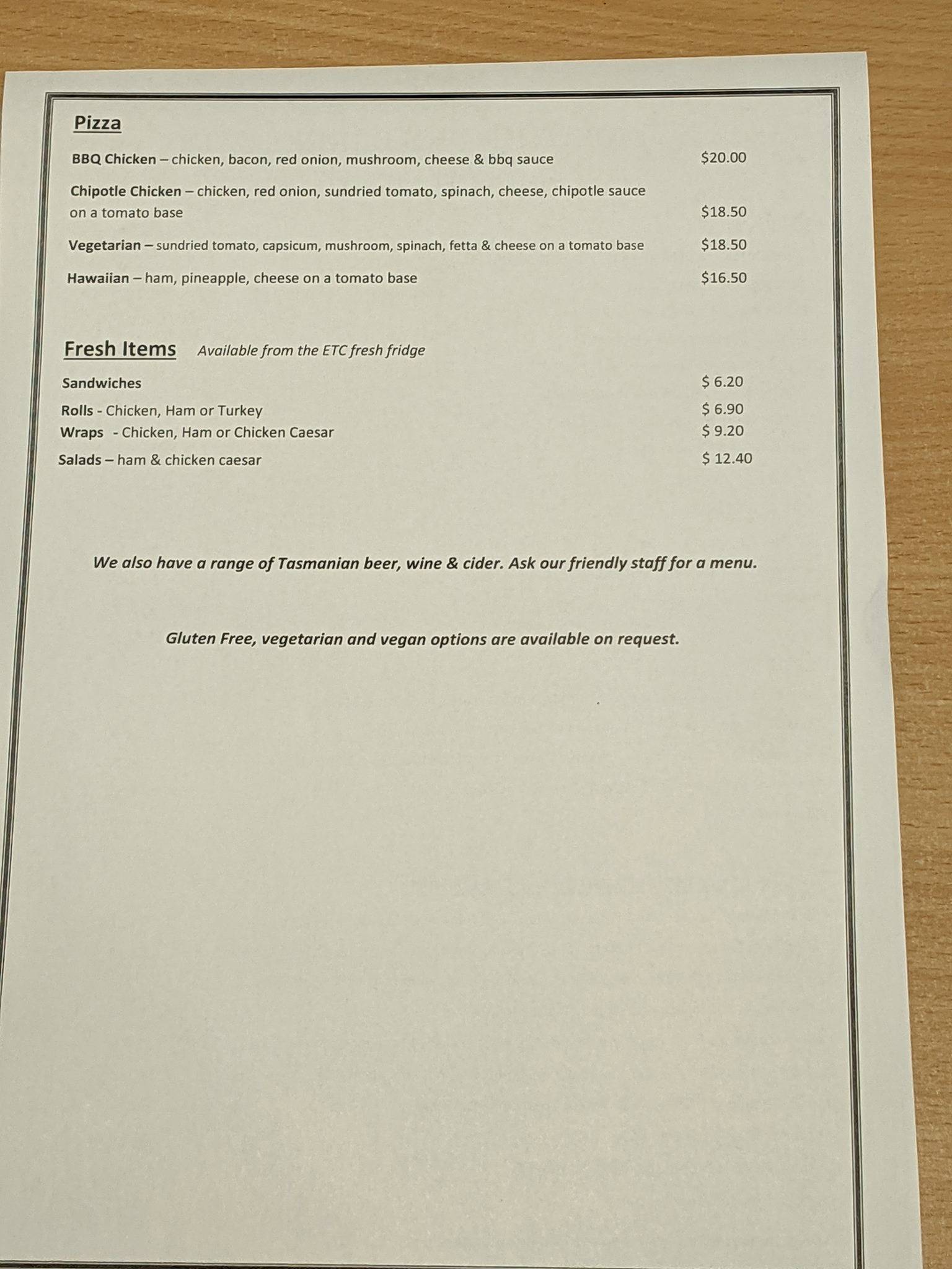 Menu at Elizabeth Town Bakery Cafe, Elizabeth Town, Bass Hwy