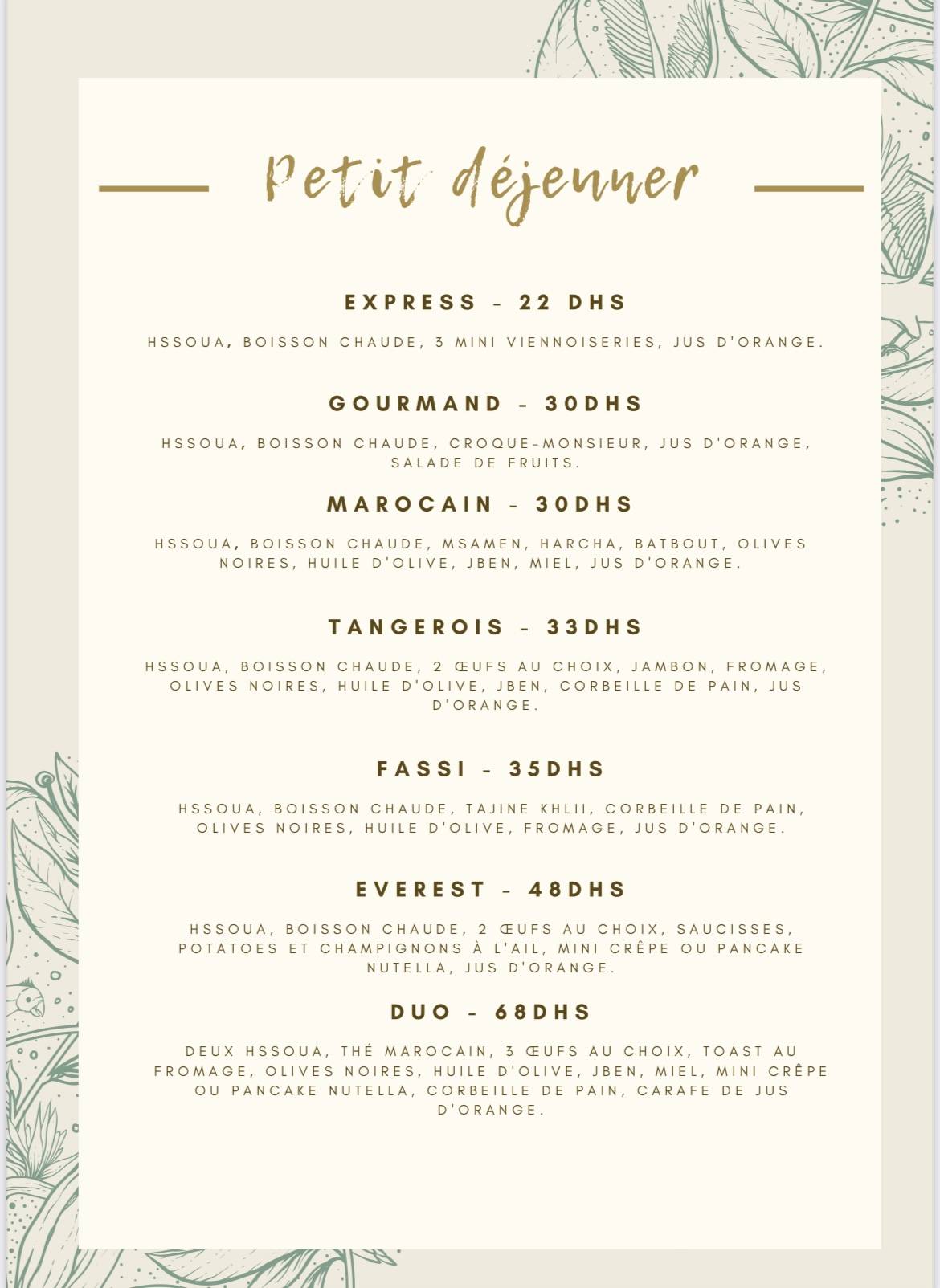Menu au Café Everest, Temara