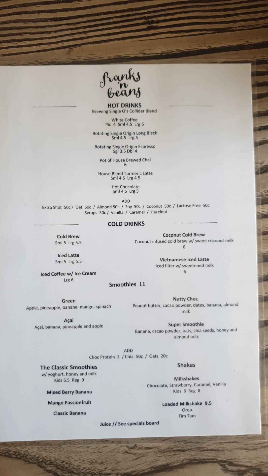 Menu at Franks 'n Beans cafe, East Corrimal