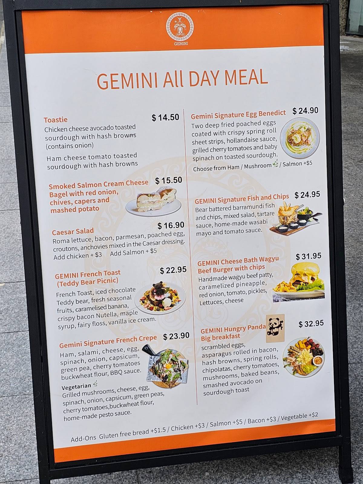 Menu at Gemini cafe, Perth